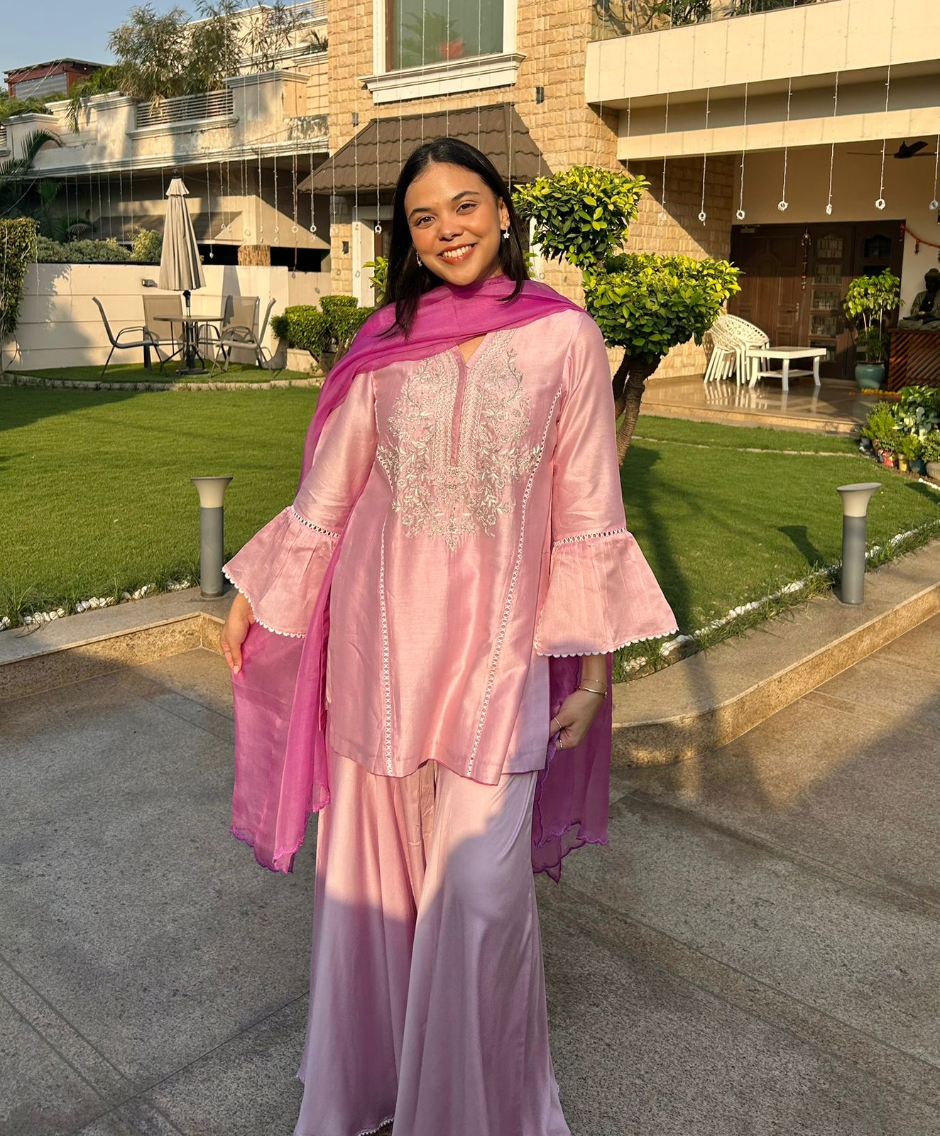 Shop Hand Embroidered Light Pink Sharara Suit Set Today – INCHING INDIA