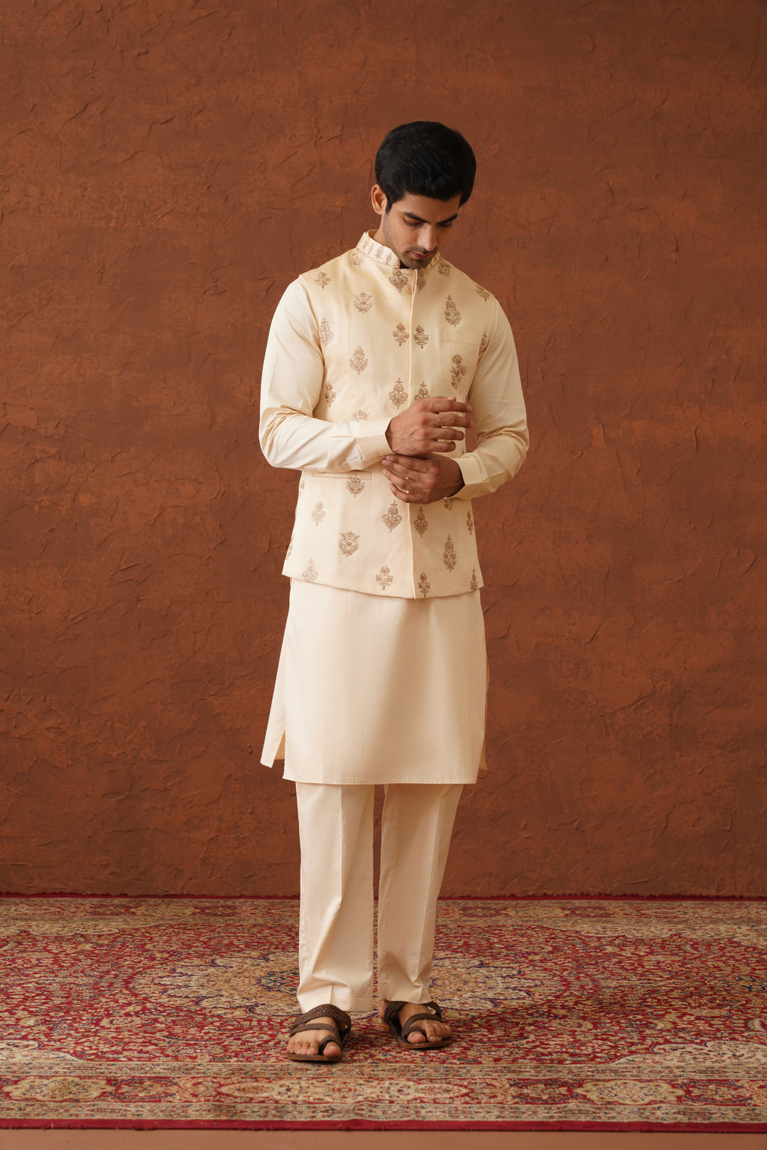 Shop Cream Embroidered Self Jacket with Kurta & Pant Online