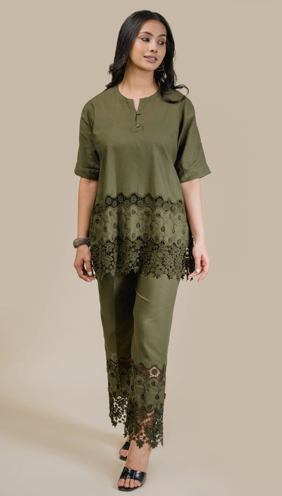 Seher Olive 3D Cutwork Set – INCHING INDIA