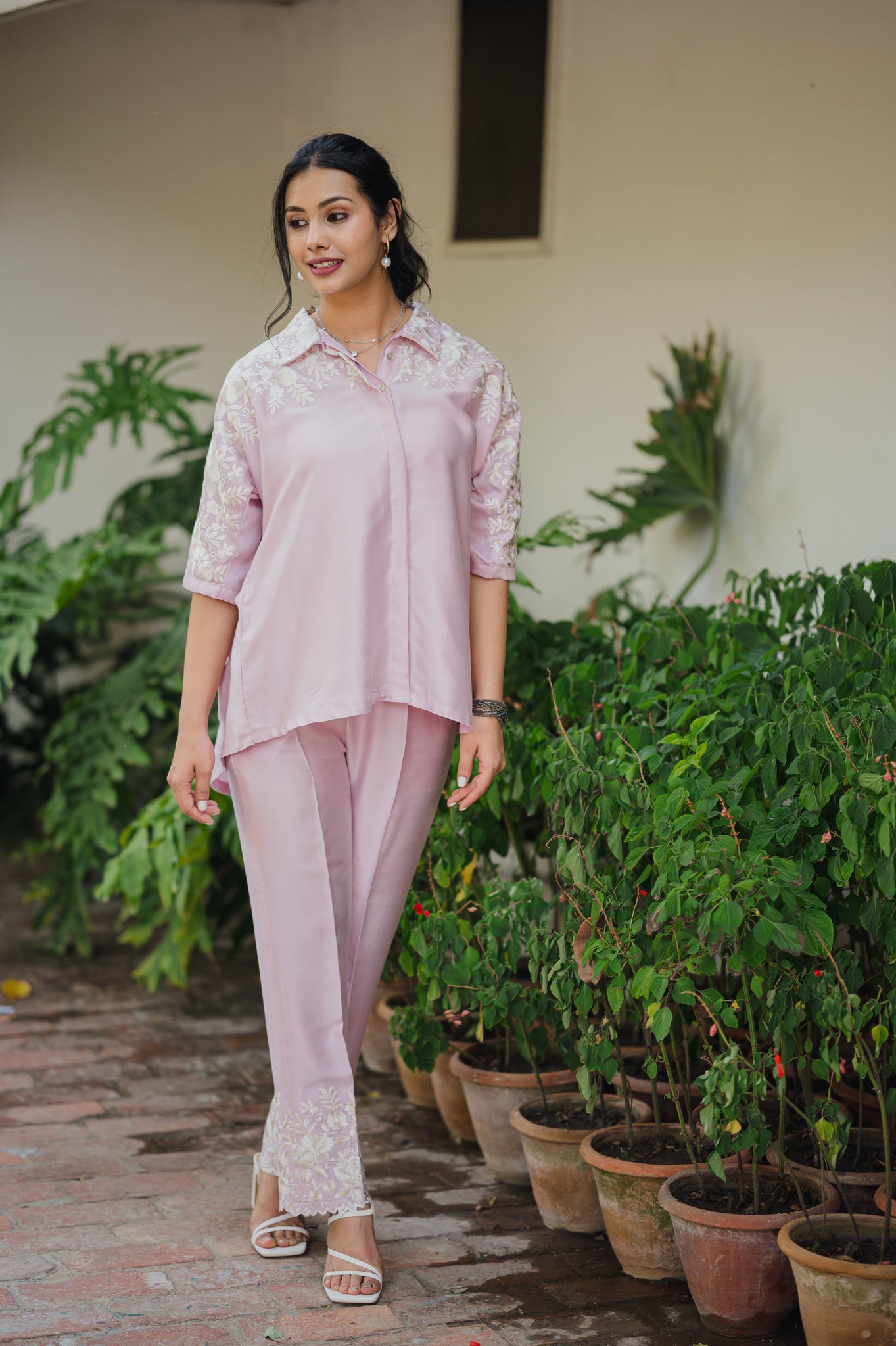 Light Pink Floral Embroidered Cotton Co-ord Set | Co-ord Sets for Women ...