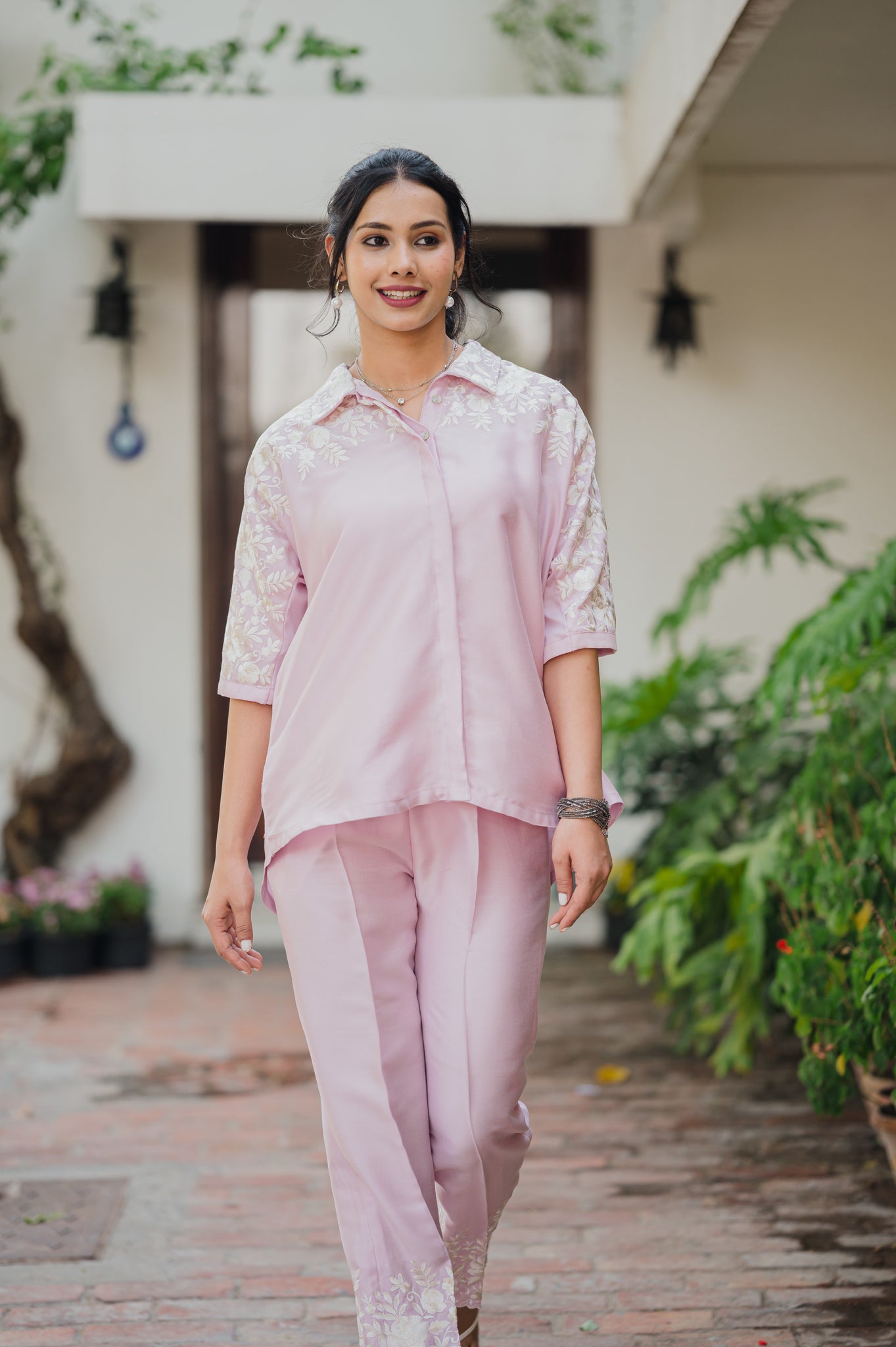 Light Pink Floral Embroidered Cotton Co-ord Set | Co-ord Sets for Women ...