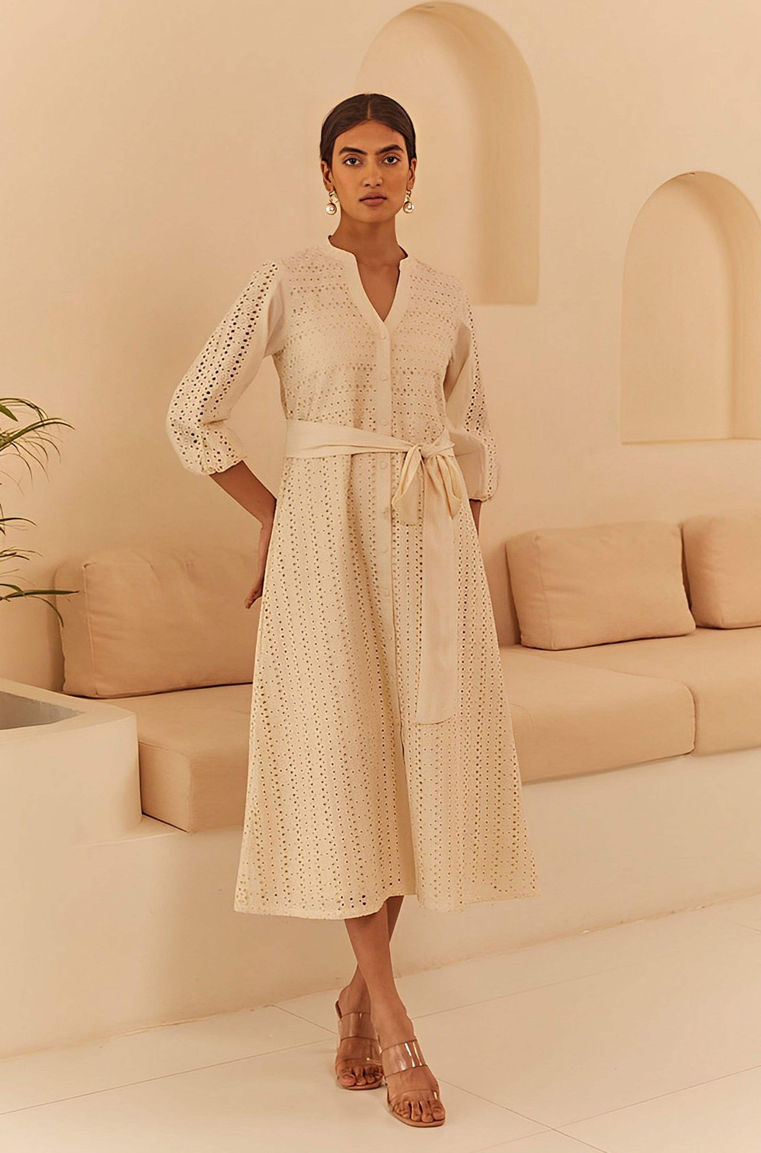 Cream Abstract Cutwork Dress