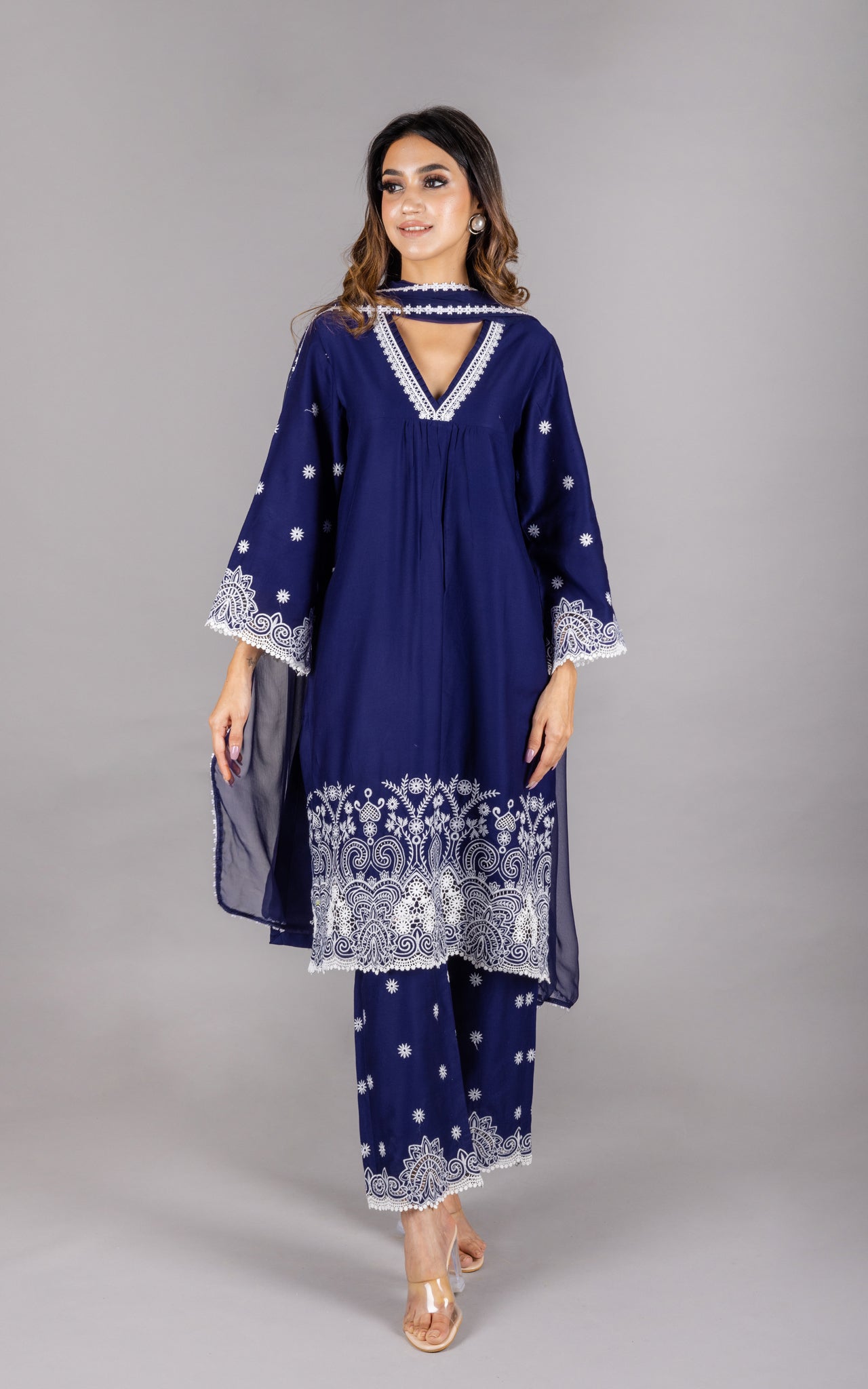Shop Navy Blue Women's Suit Set with Palazzos & Dupatta – INCHING INDIA