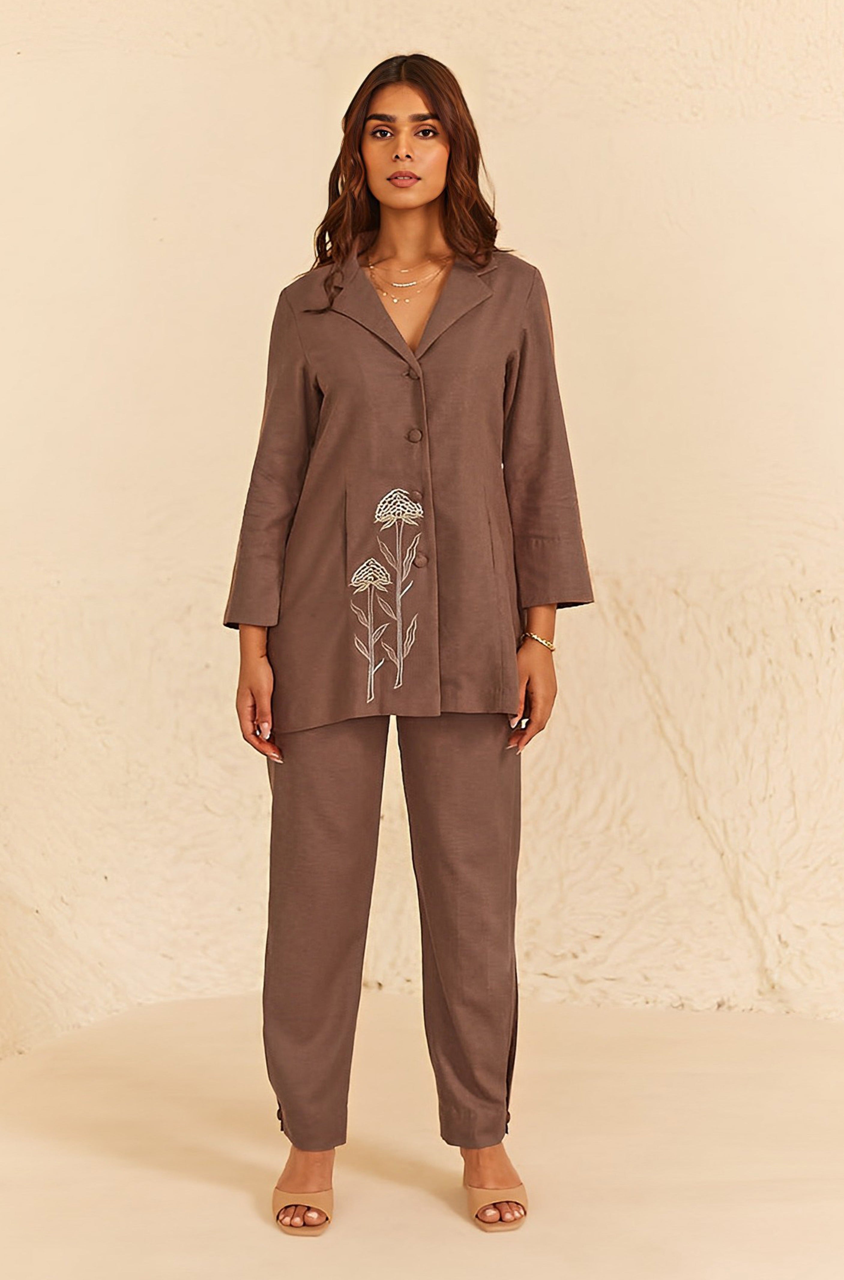 Brown Linen Coat Set – INCHING INDIA